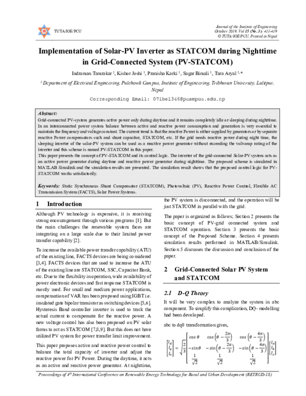 (PDF) Implementation of Solar-PV Inverter as STATCOM during Nighttime ...