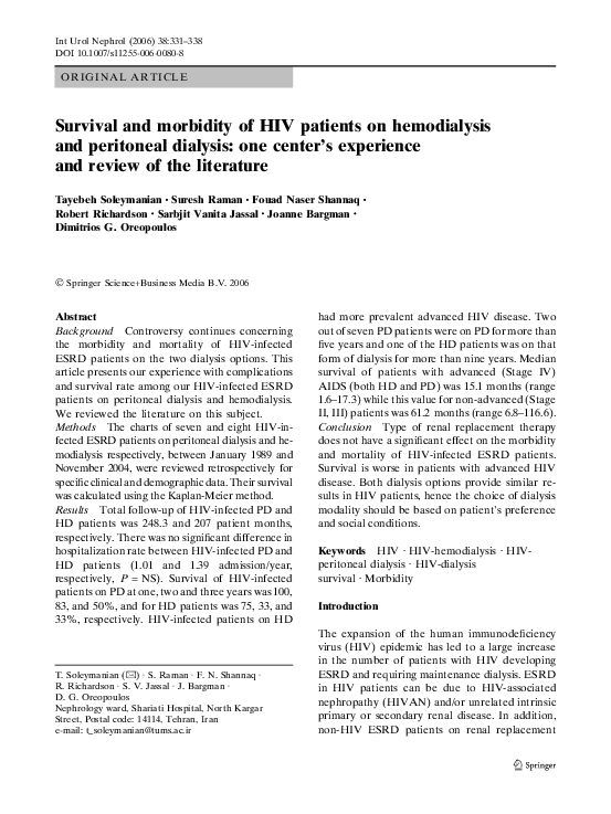 (PDF) Survival and morbidity of HIV patients on hemodialysis and ...