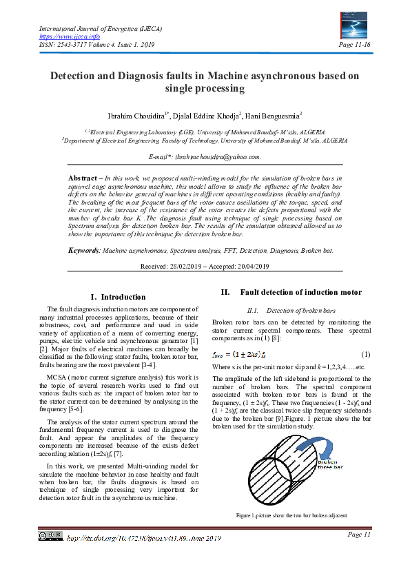 Pdf Detection And Diagnosis Faults In Machine Asynchronous Based On Single Processing Djalal