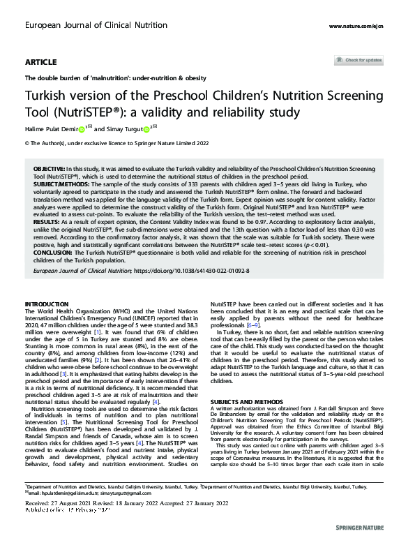 (PDF) Turkish version of the Preschool Children’s Nutrition Screening Tool (NutriSTEP®): a ...