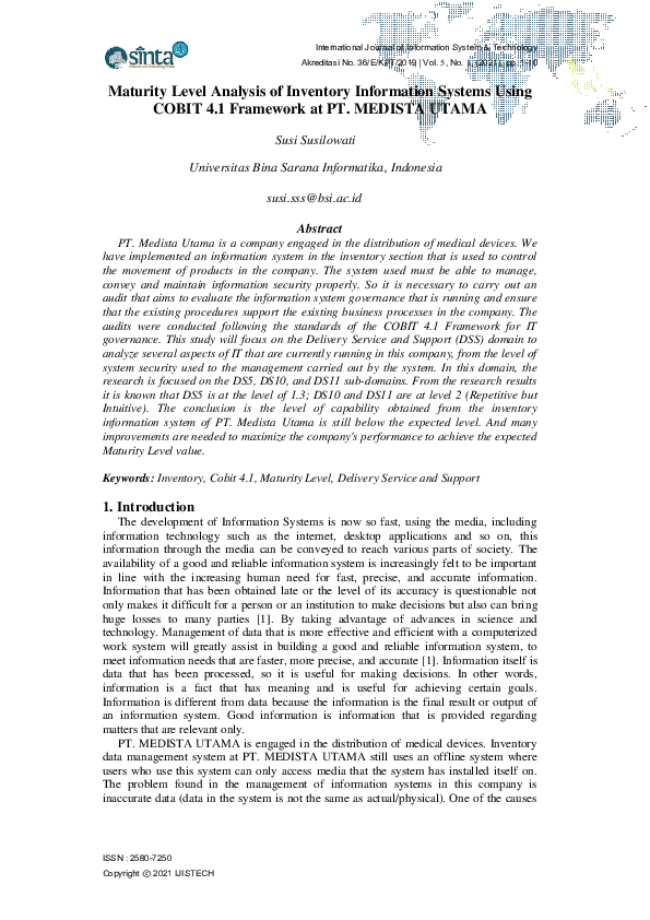 Pdf Maturity Level Analysis Of Inventory Information Systems Using Cobit 4 1 Framework At Pt