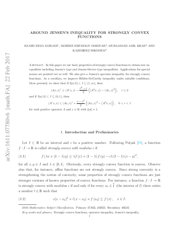 (PDF) Around Jensen's inequality for strongly convex functions