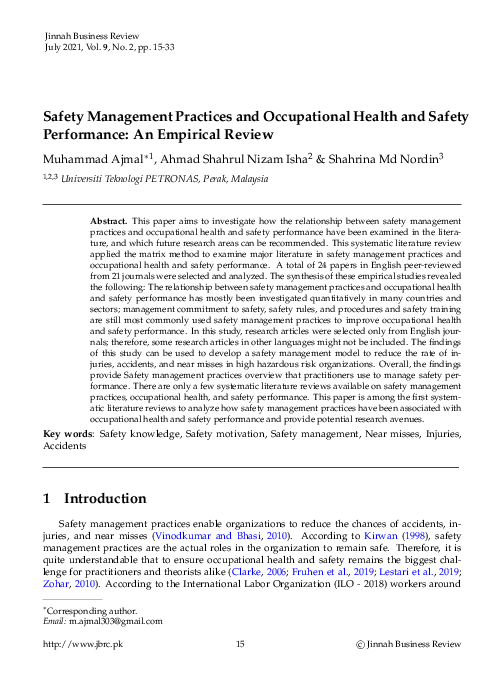 (PDF) Safety Management Practices and Occupational Health and Safety ...