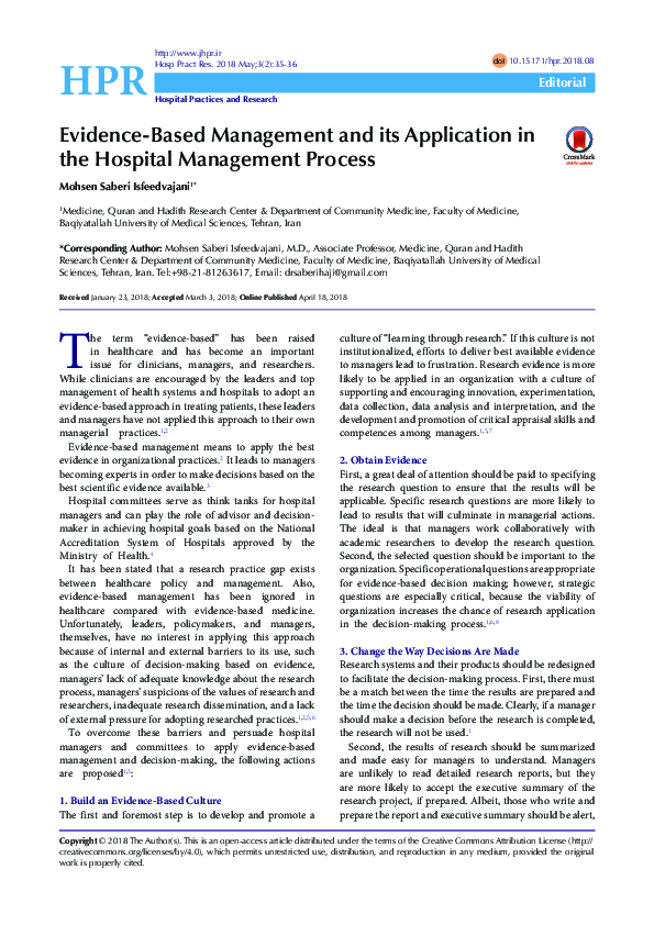 (PDF) Evidence-Based Management and its Application in the Hospital ...