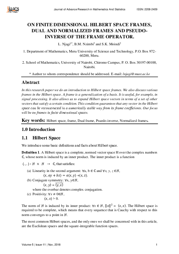 (PDF) On Finite Dimensional Hilbert Space Frames, Dual and Normalized Frames and Pseudo-inverse ...