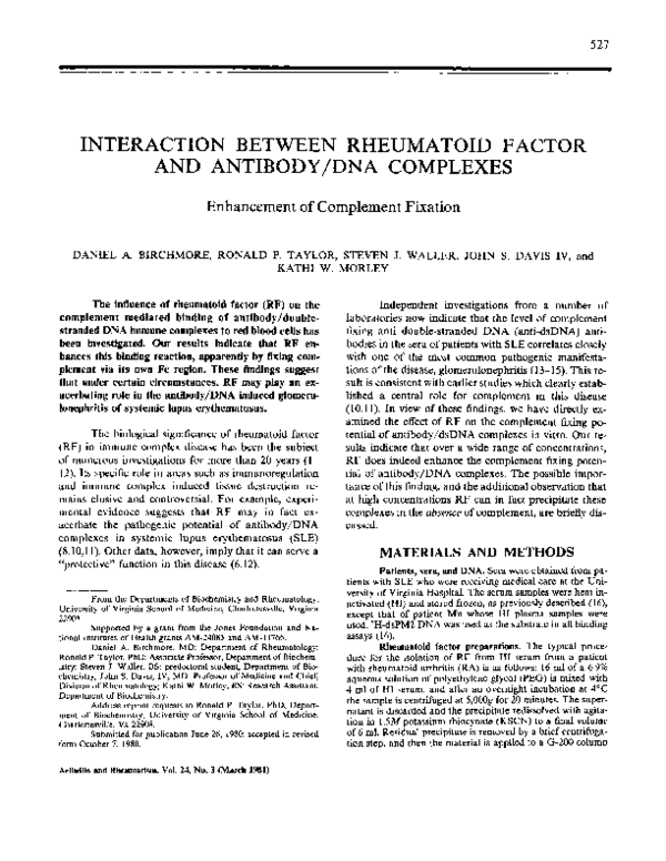 (PDF) Interaction between rheumatoid factor and antibody/DNA COMPLEXES