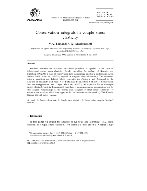 (PDF) Conservation integrals in couple stress elasticity