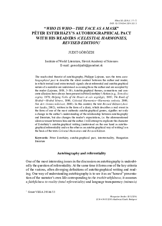 (PDF) “Who is who—the face as a mask” Péter Esterházy’S ...