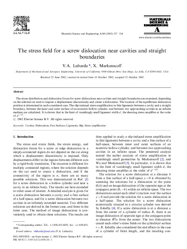 (PDF) The stress field for a screw dislocation near cavities and ...