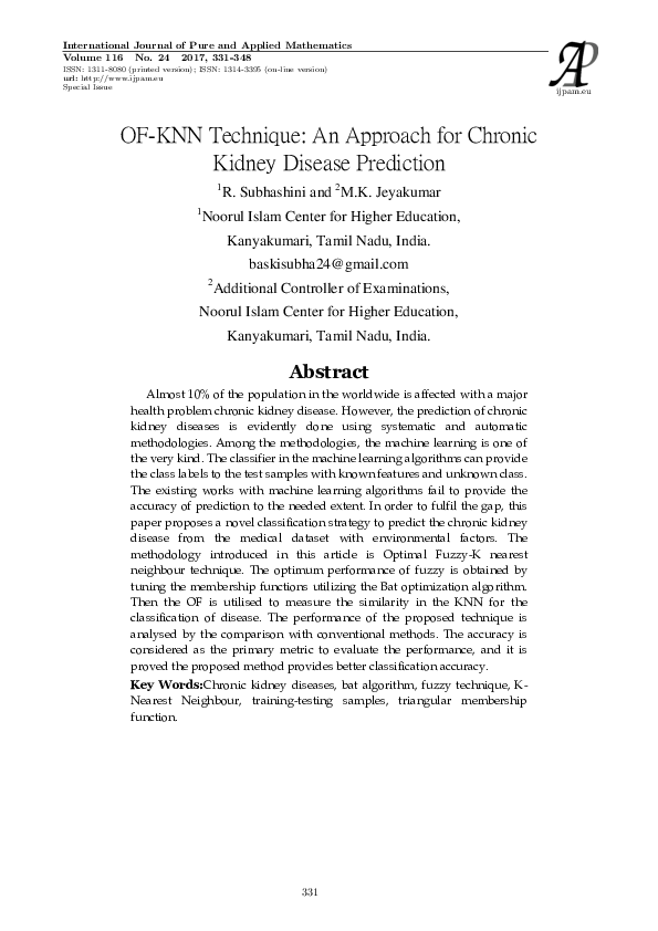(PDF) OF-KNN Technique: An Approach for Chronic Kidney Disease Prediction