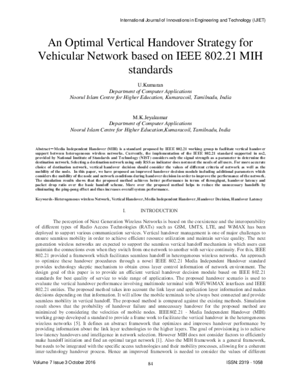 (PDF) An Optimal Vertical Handover Strategy for Vehicular Network based on IEEE 802 . 21 MIH ...