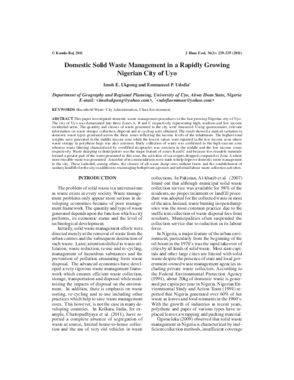 (PDF) Domestic Solid Waste Management in a Rapidly Growing Nigerian ...