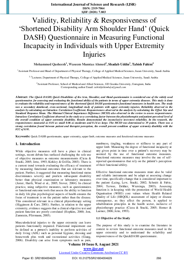 (PDF) Validity, Reliability & Responsiveness of 'Shortened Disability Arm Shoulder Hand' (Quick ...