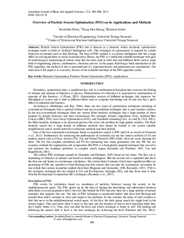 Pdf Overview Of Particle Swarm Optimization Pso On Its Applications And Methods