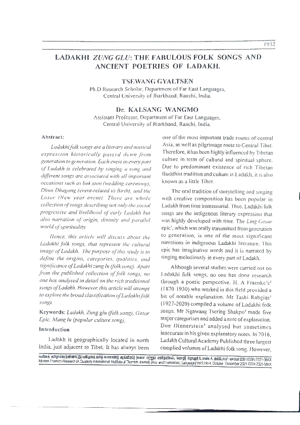 (PDF) Ladakhi Zung gLu: The Fabulous Folk Songs and Ancient Poetries of ...