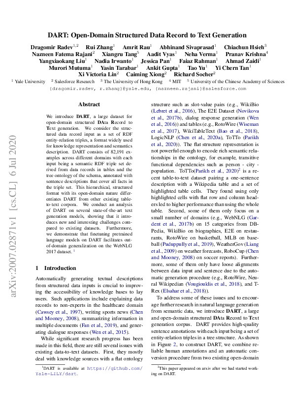 (PDF) DART: Open-Domain Structured Data Record to Text Generation