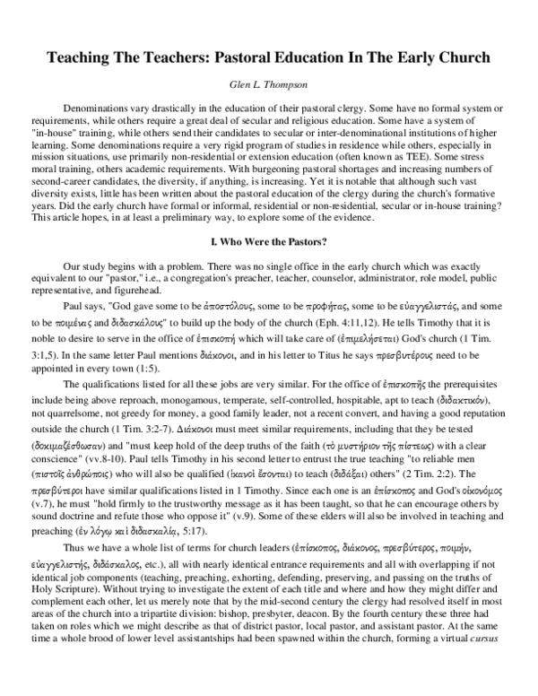 (PDF) Teaching the Teachers: Pastoral Education in the Early Church