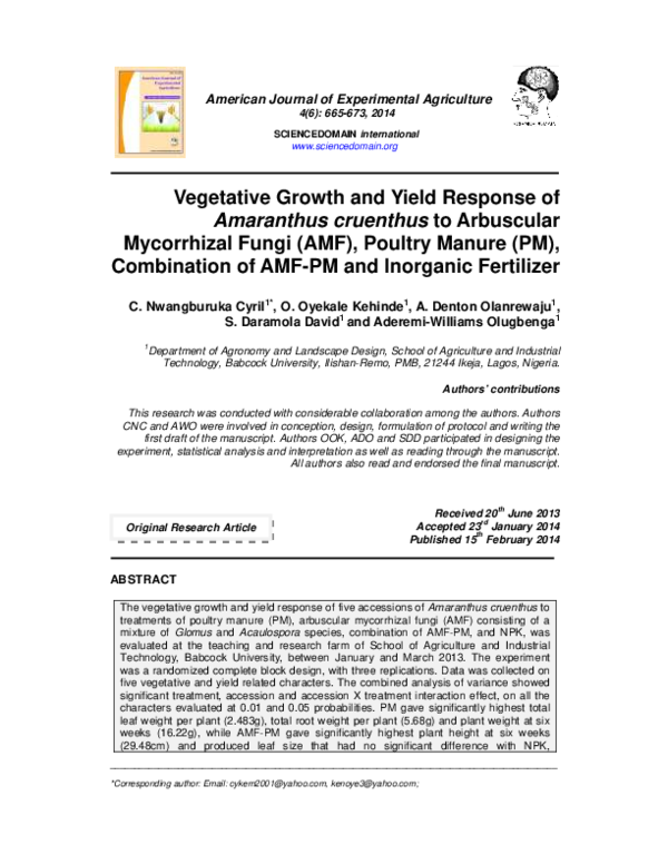 (PDF) Vegetative Growth and Yield Response of Amaranthus cruenthus to Arbuscular Mycorrhizal ...