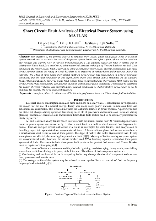 (PDF) Short Circuit Fault Analysis of Electrical Power System using MATLAB