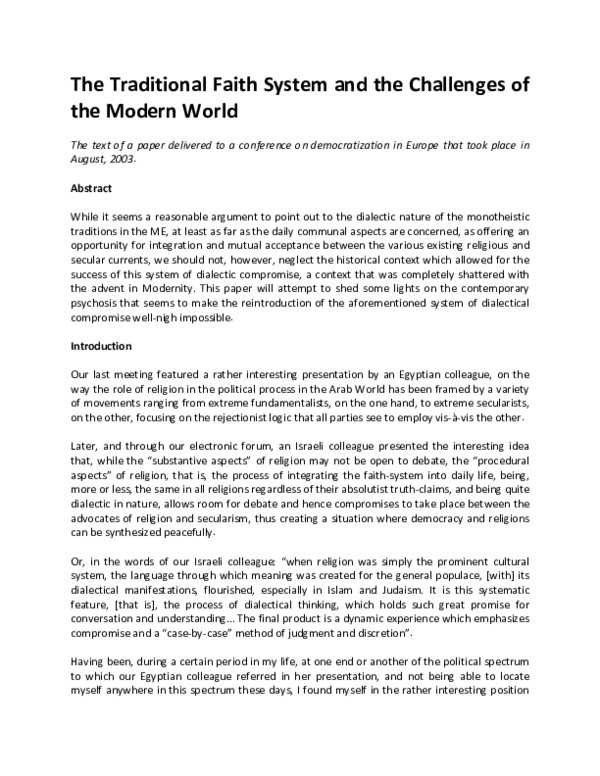(PDF) The Traditional Faith System and the Challenges of the Modern World