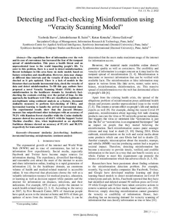 Pdf Detecting And Fact Checking Misinformation Using Veracity Scanning Model”