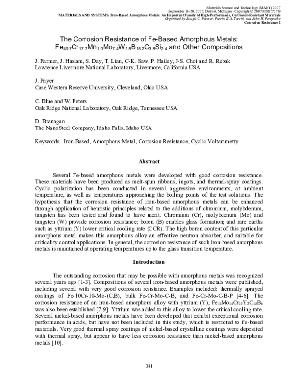 (PDF) Iron-Based Amorphous Metals: High-Performance Corrosion-Resistant Material Development