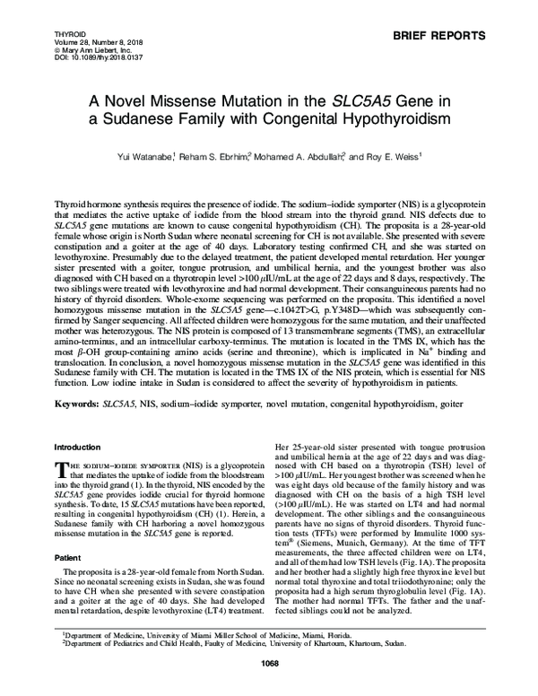 (PDF) A Novel Missense Mutation in the SLC5A5 Gene in a Sudanese Family ...