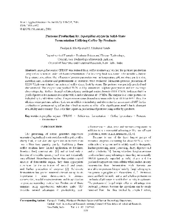 (PDF) Protease Production by Aspergillus Oryzae Utilising Coffee Byproduct | Pushpa Murthy ...