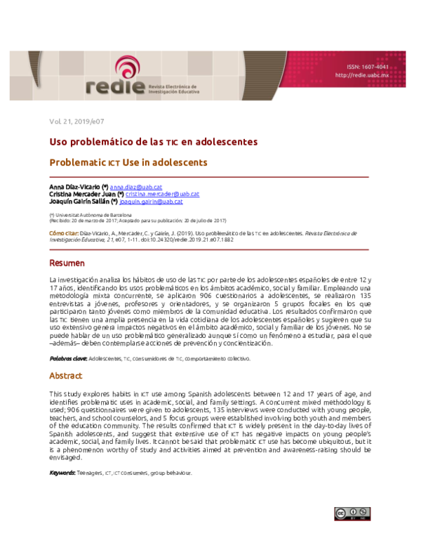 (PDF) Uso problemático de las TIC en adolescentes