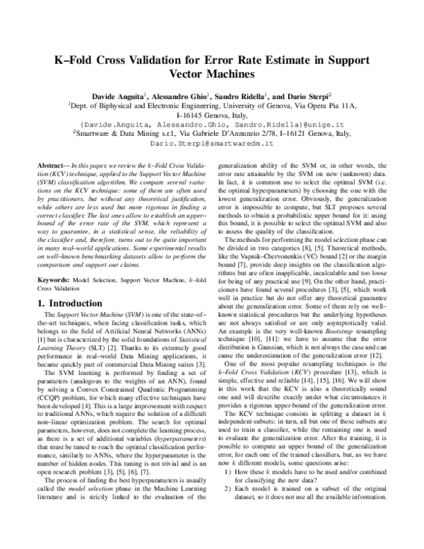 Pdf K Fold Cross Validation For Error Rate Estimate In Support Vector Machines