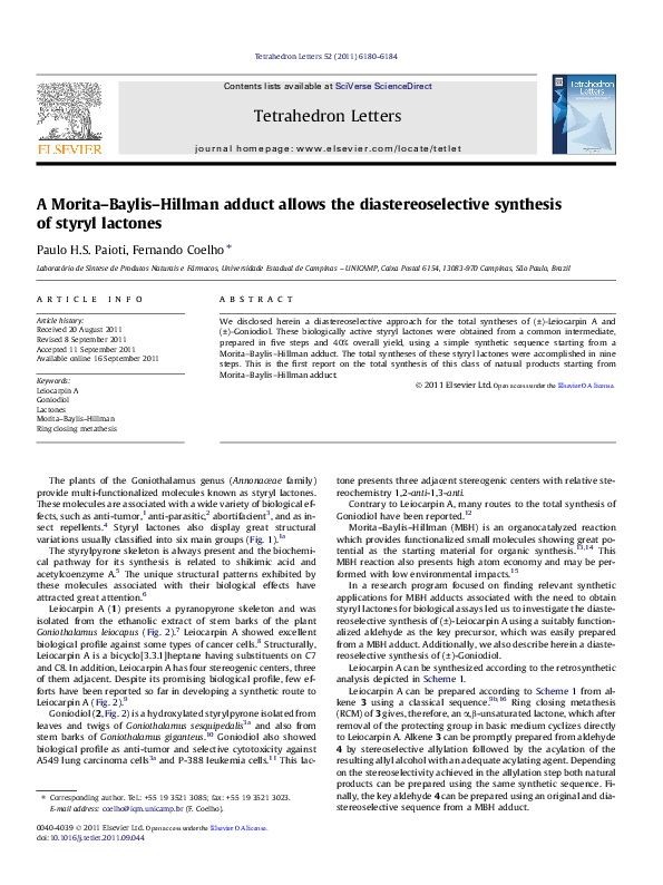(PDF) A Morita–Baylis–Hillman adduct allows the diastereoselective ...