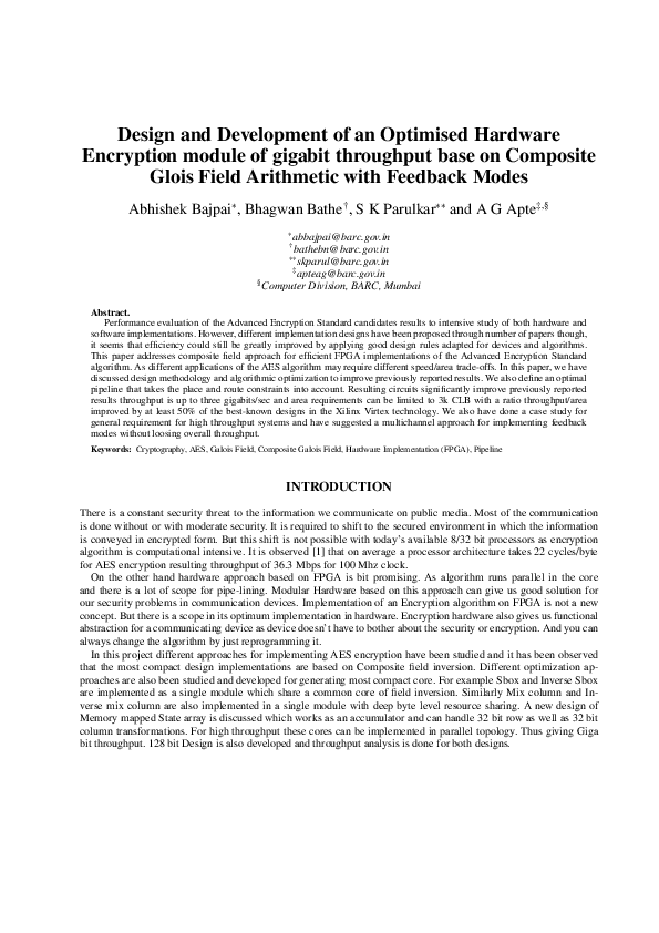 Pdf Design And Development Of An Optimised Hardware Encryption Module Of Gigabit Throughput 