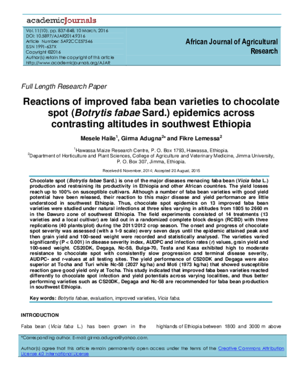 (PDF) Reactions of improved faba bean varieties to chocolate spot (Botrytis fabae Sard ...