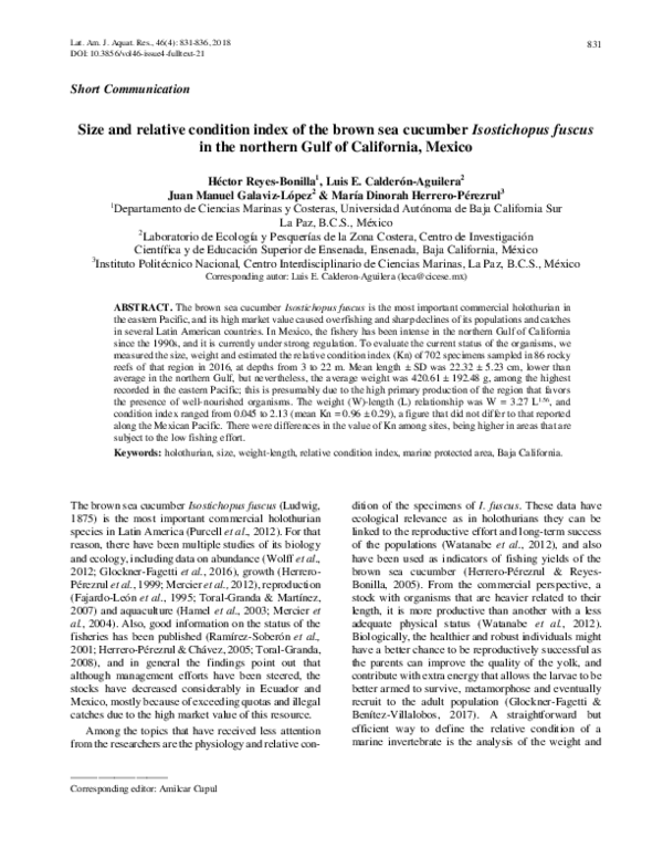 (PDF) Size and relative condition index of the brown sea cucumber ...