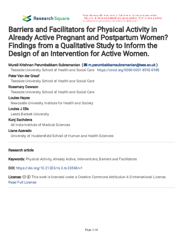 (PDF) Barriers and Facilitators for Physical Activity in Already Active Pregnant and Postpartum ...