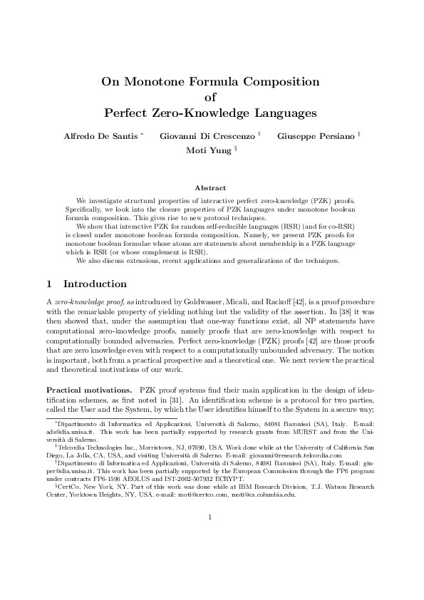 (PDF) On Monotone Formula Composition of Perfect Zero-Knowledge Languages