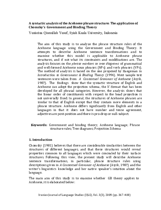 (PDF) A syntactic analysis of the Acehnese phrase structure: The application of Chomsky's ...