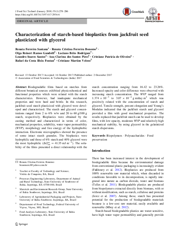 (PDF) Characterization of starch-based bioplastics from jackfruit seed plasticized with glycerol