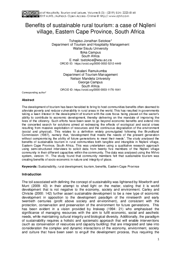(PDF) Benefits of sustainable rural tourism: a case of Nqileni village ...