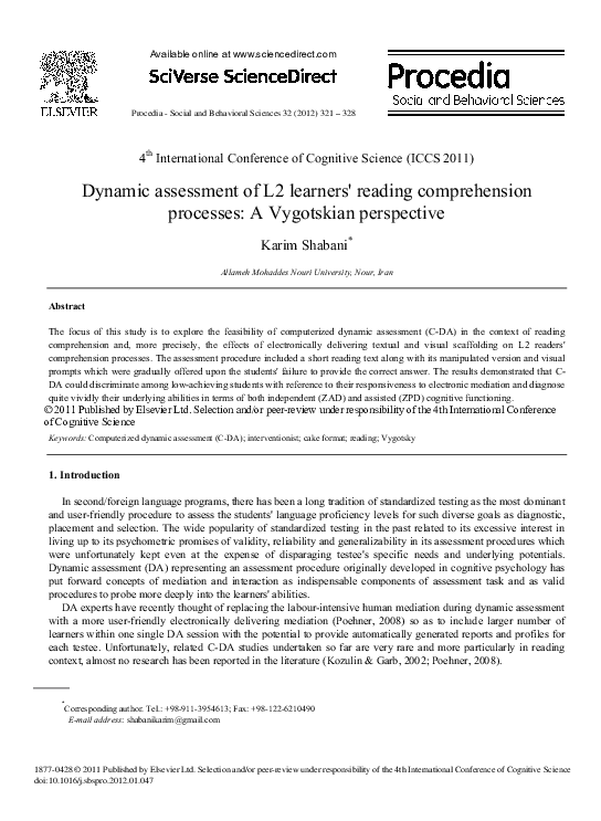 (PDF) Dynamic assessment of L2 learners’ reading comprehension processes: A Vygotskian perspective