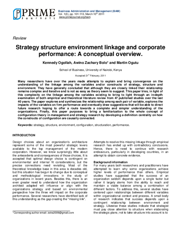 (PDF) Strategy structure environment linkage and corporate performance ...