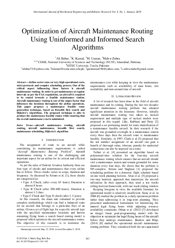 (PDF) Optimization of Aircraft Maintenance Routing Using Uninformed and ...