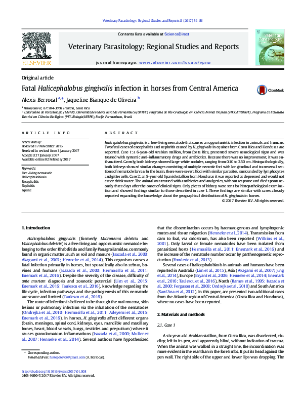 (PDF) Fatal Halicephalobus gingivalis infection in horses from Central ...