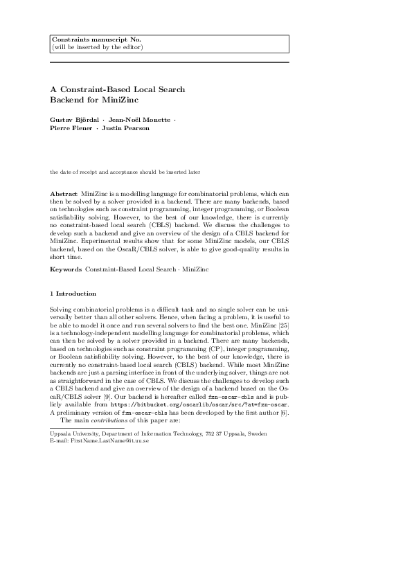 (PDF) A constraint-based local search backend for MiniZinc
