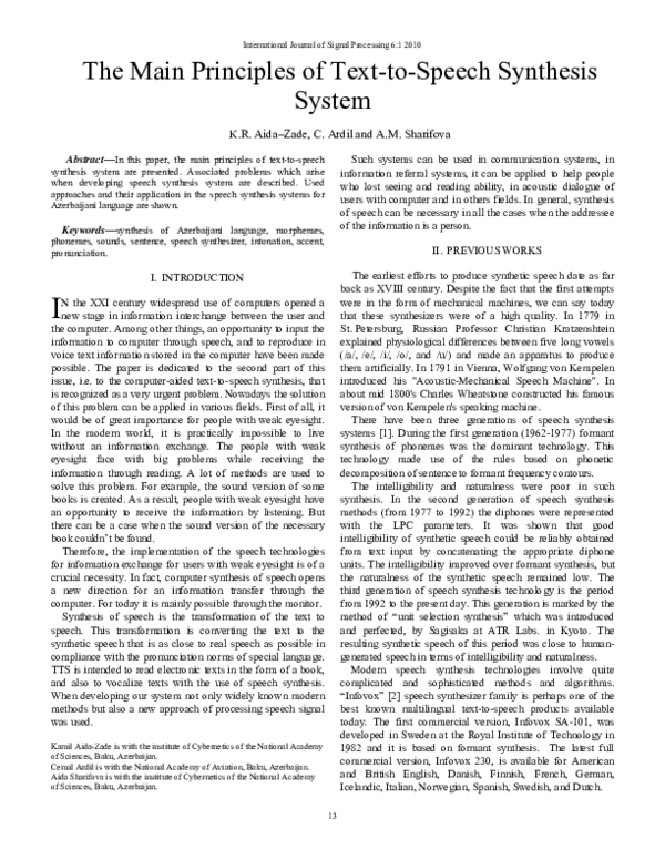 (PDF) The Main Principles of Text-to-Speech Synthesis System