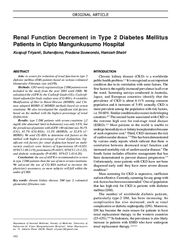 (PDF) Renal Function Decrement in Type 2 Diabetes Mellitus Patients in ...