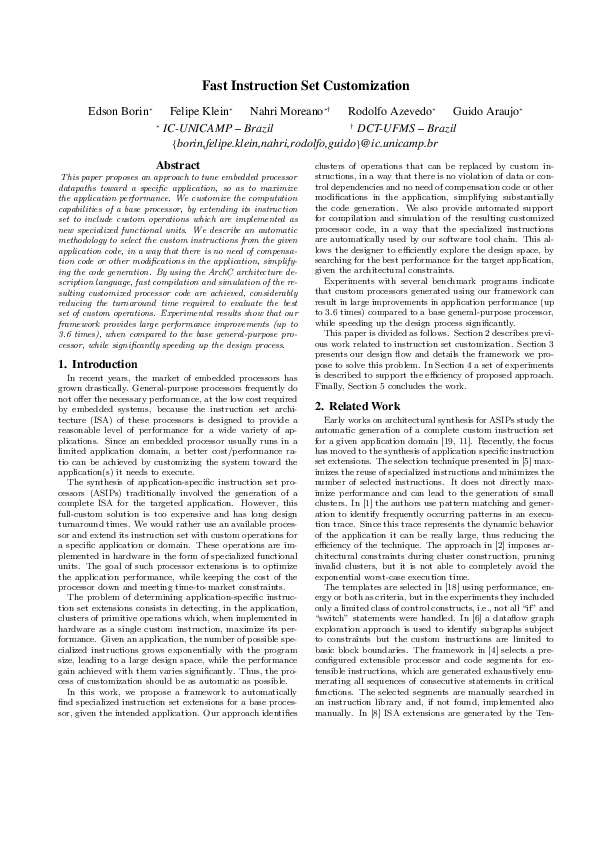 Pdf Fast Instruction Set Customization