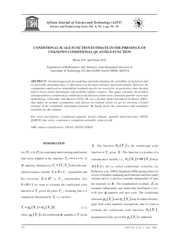 Pdf Conditional Scale Function Estimate In The Presence Of Unknown Conditional Quantile