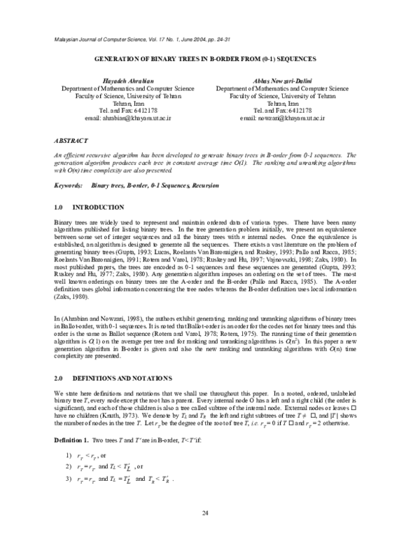 (PDF) Generation of Binary Trees in B-Order from (0-1) Sequences