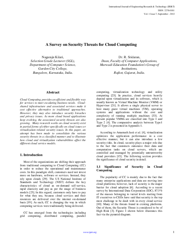 Pdf A Survey On Security Threats For Cloud Computing